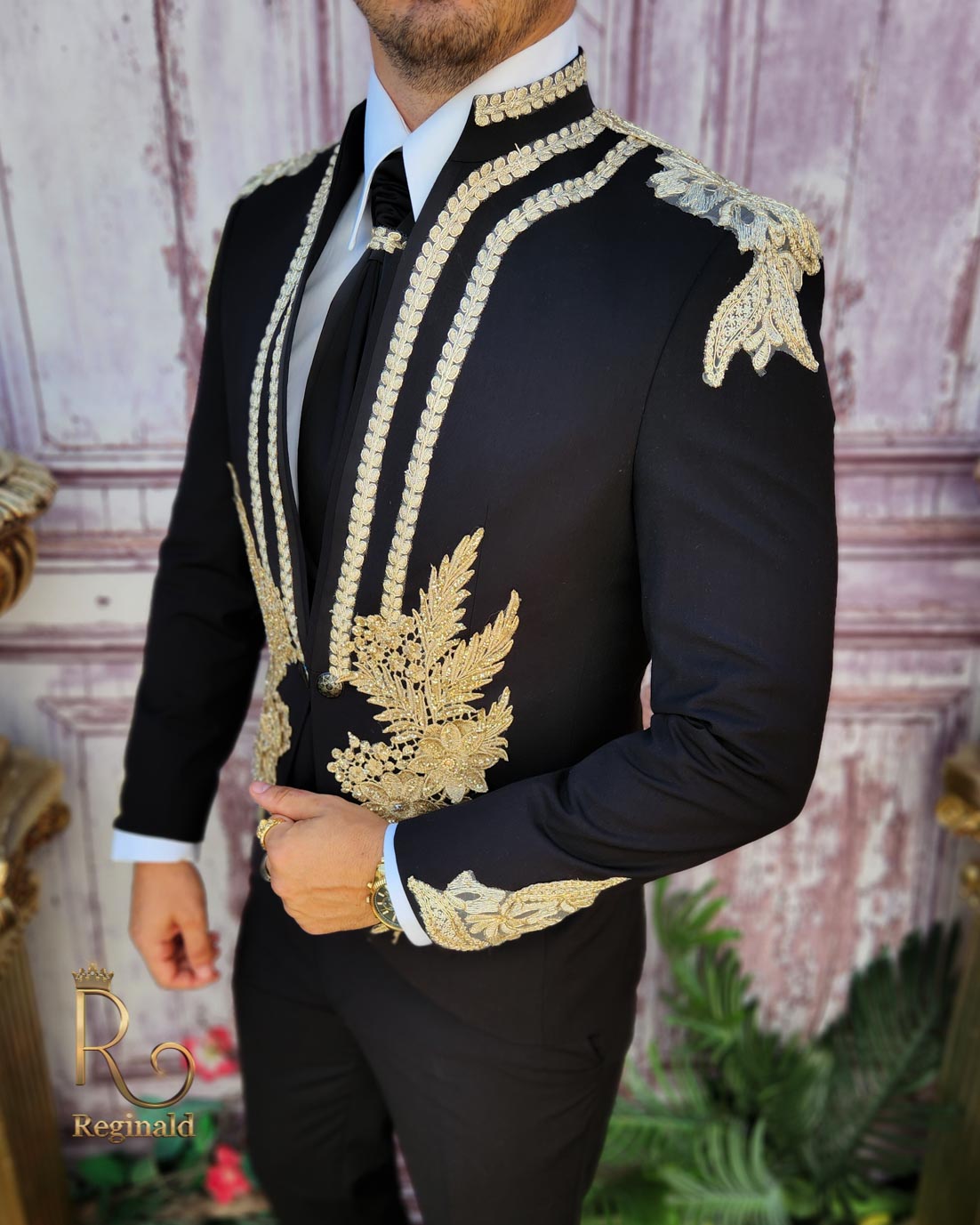 Costum de ceremonie, Slim Fit, Negru cu broderie aurie, Sacou, Vesta ...